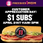 *Expired* $1 Subs at Jimmy John's April 21 - Freebies 4 Mom